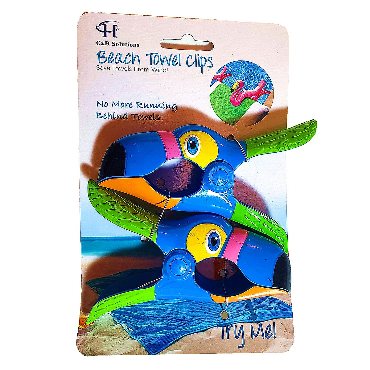 C&H Beach Tower Clips, Beach Towel Holders, Clips, Beach, Patio or Pool Accessories, Portable Towel Clips, Chip Clips, Secure Clips, Toucan Style