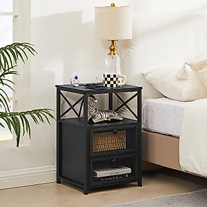 VECELO Black End Table Set of 2 with USB Ports and Outlets,24Inch Nightstands with Charging Station and Storage Shelf for Bedroom,Living Room