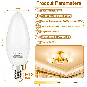 comzler E12 Led Bulb, Small LED Candelabra Bulbs 60W Equivalent, Warm White 2700K Ceiling Fan Light Bulbs, Type B Shape Chandelier , Pack of 6, Non-Dimmable