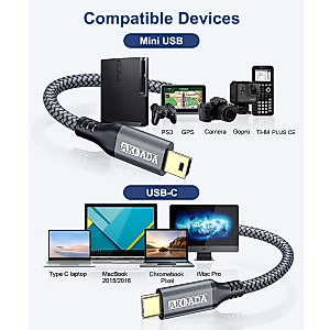 AkoaDa 2 Pack Mini B to USB C Cable 10ft, USB C to Mini USB Cable Charging Cord for GoPro Hero 3+, PS3 Controller, MP3 Player, Yeti Microphone, Digital Camera, GPS Receiver, PDAs and More