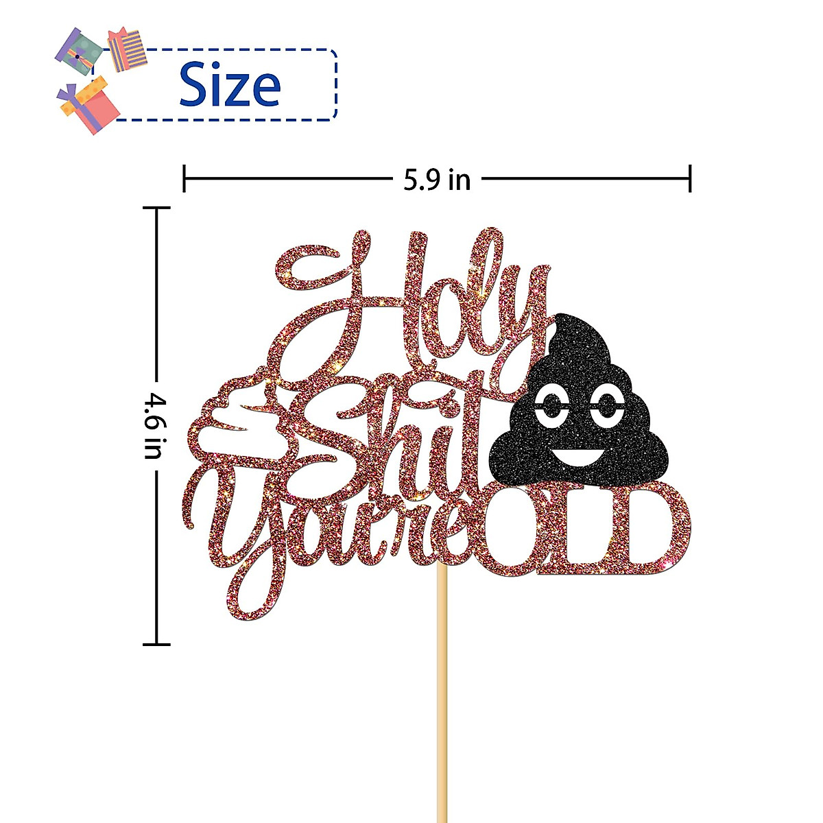 RoadSea Holy Shit You're Old Cake Topper - Women Men Birthday Cake Supplies - 30th 40th 50th 60th 70th 80th 90th 100th 101st Birthday Party Decoration - Rose Gold Glitter