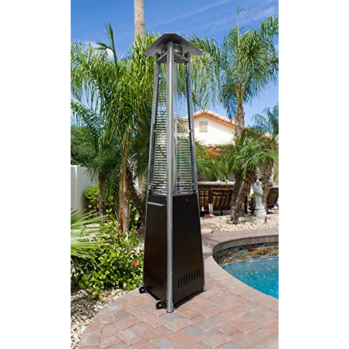 Hiland NG-GT-BRZ Natural Gas Commercial Glass Tube Patio Heater w/Wheels, 42,000 BTU, Variable Heat Control, Pyrmaid, Bronze