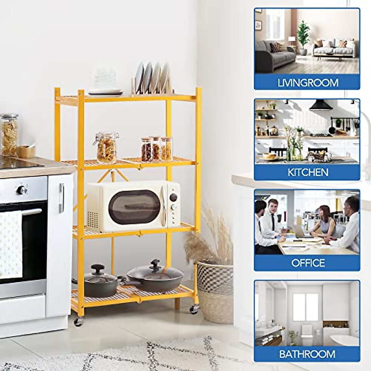 ShanSon Storage Shelves with Wheels 4 Tier Heavy Duty Foldable Metal Rack Storage Shelving Units for Garage Kitchen，Yellow