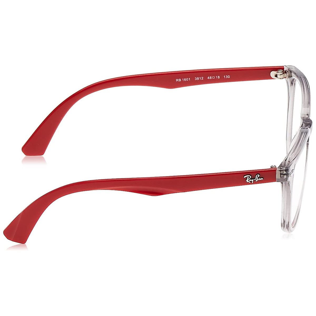 Ray-Ban Junior Kids' RY1601 Square Prescription Eyeglass Frames, Transparent Grey on Red/Demo Lens, 48 mm