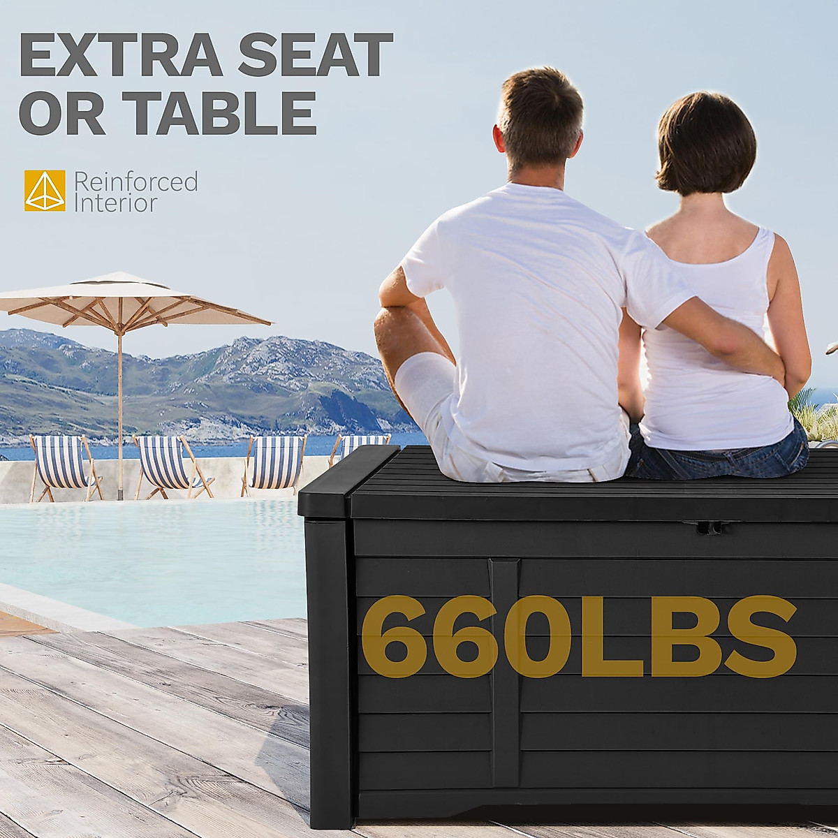 DWVO 120 Gallon Louvered Outdoor Storage Box, Lockable Resin Deck Box for Pillows, Tools, and Pool Supplies - Black