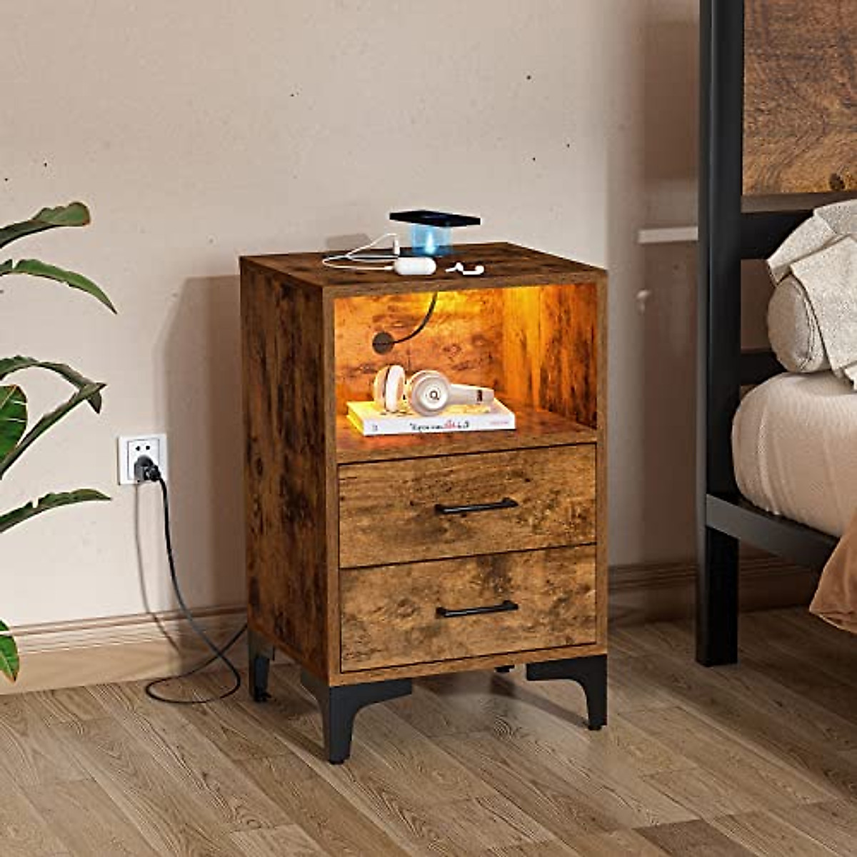 LYNCOHOME Nightstand with Wireless Charging Station and LED Lights, Modern End Table with 2 Drawers and Open Storage for Bedroom, Brown