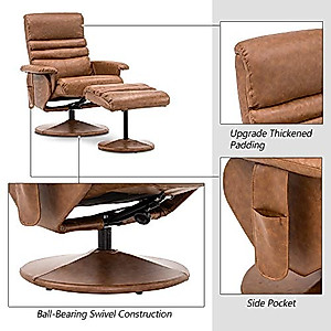 MCombo Recliner with Ottoman, Reclining Chair with Massage, 360 Swivel Living Room Chair Faux Leather, 7902 (Saddle)