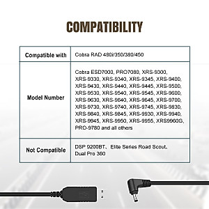 Lenink Power Cord Compatible with Cobra RAD 480i/350/380/450, Replacement Cord Cable USB Charger Compatible with Most Cobra Radar Detectors (1m/3.28ft)