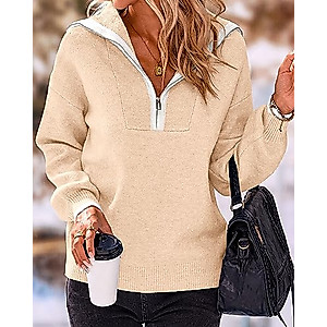 BTFBM Women's 2024 Fall Winter Half Zip Pullover Sweaters Casual V Neck Long Sleeve Ribbed Knit Loose Jumper Tops(Solid Beige, Large)