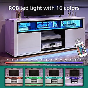 YITAHOME Modern LED TV Stand for 55", Entertainment Center with 5 Open Shelves, High Glossy Wood TV Console with 2 Storage Cabinet for Bedroom, Living Room, Gaming Media Stand, Black & White