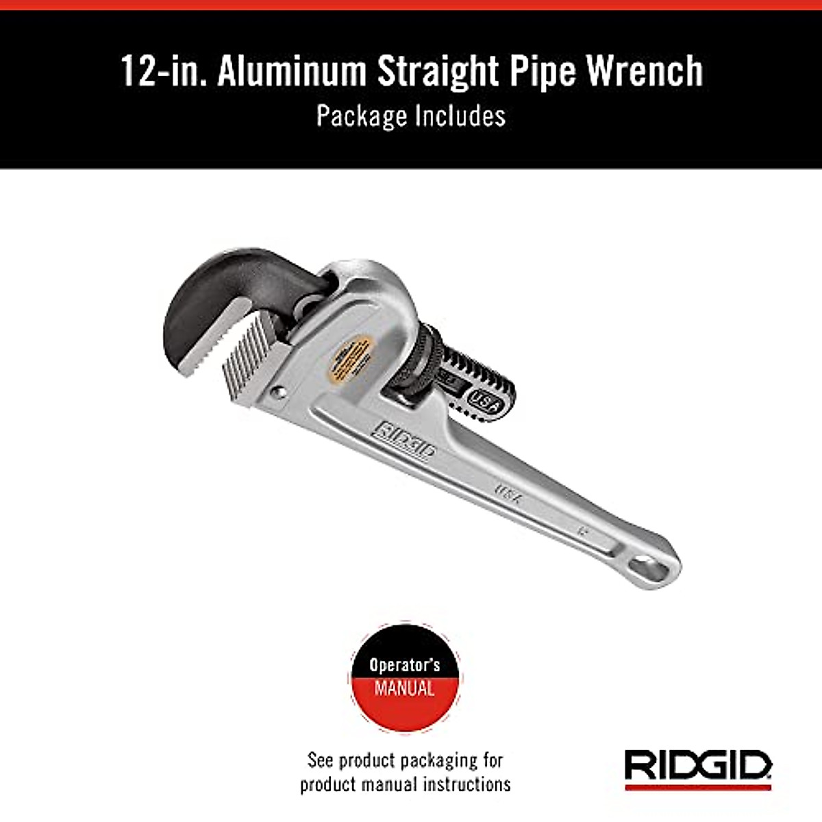 RIDGID 47057 Aluminum Straight Pipe Wrench, 12" Sturdy Plumbing Wrench with Self Cleaning Threads and Hook Jaws