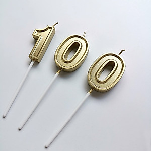Gold 100th Birthday Candles, Number 100 Candles for Cakes, Happy 100 Days or Years Cake Topper Numeral Candle for Birthday Anniversary Celebration Decoration Party Supplies
