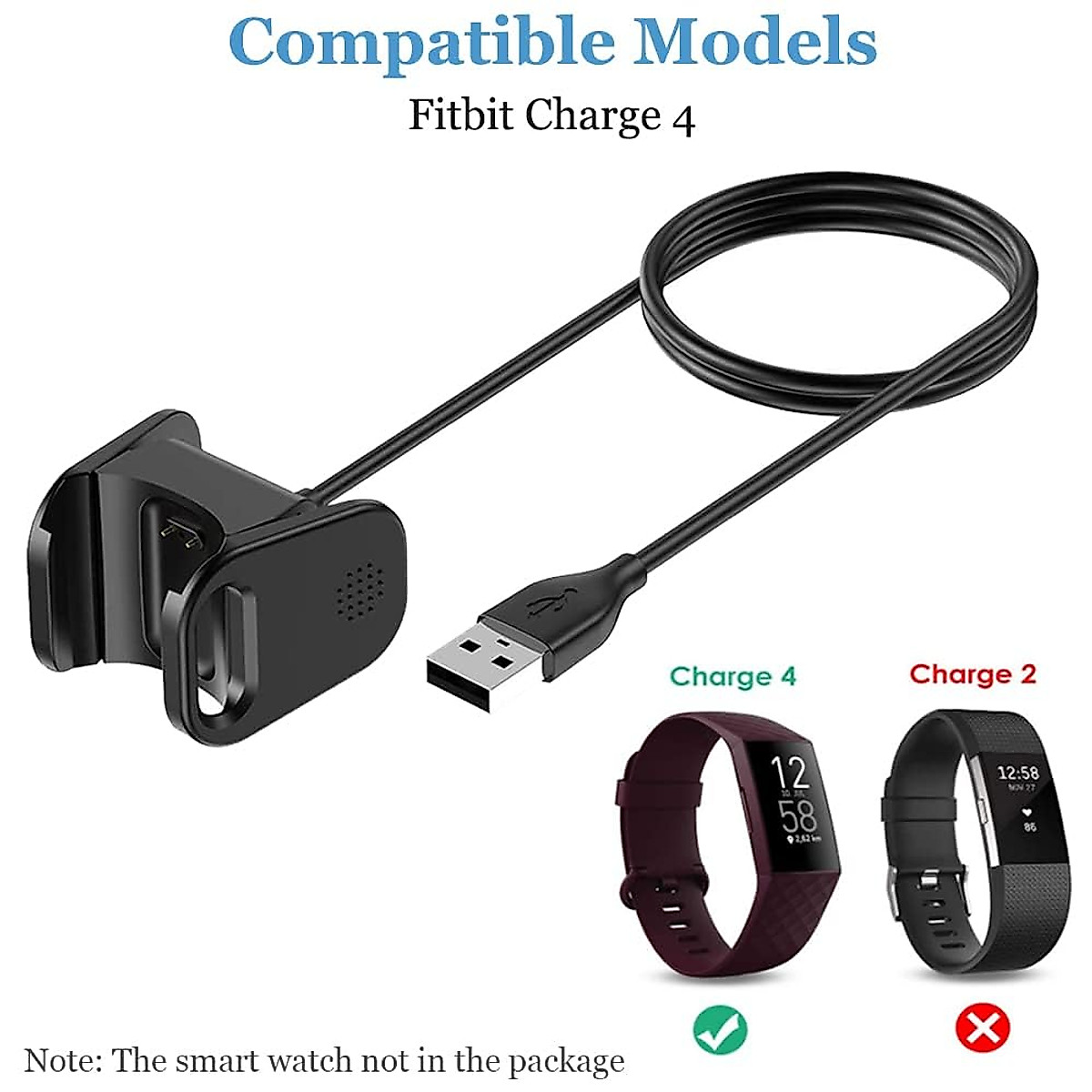 Threeeggs Compatible with Fitbit Charge 4 Charger, Replacement USB Charging Cable Cord for Charge 4 / Charge 3 Smartwatch 55cm/1.8ft (2)