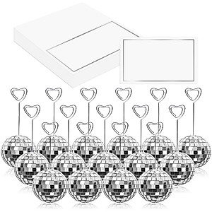 Whaline 60Pcs 2 Inch Disco Ball Table Number Holders Place Cards Set Silver Tented Cards Name Cards Stands with Heart Swirl Wire for Wedding Party Table Sign Display Supplies