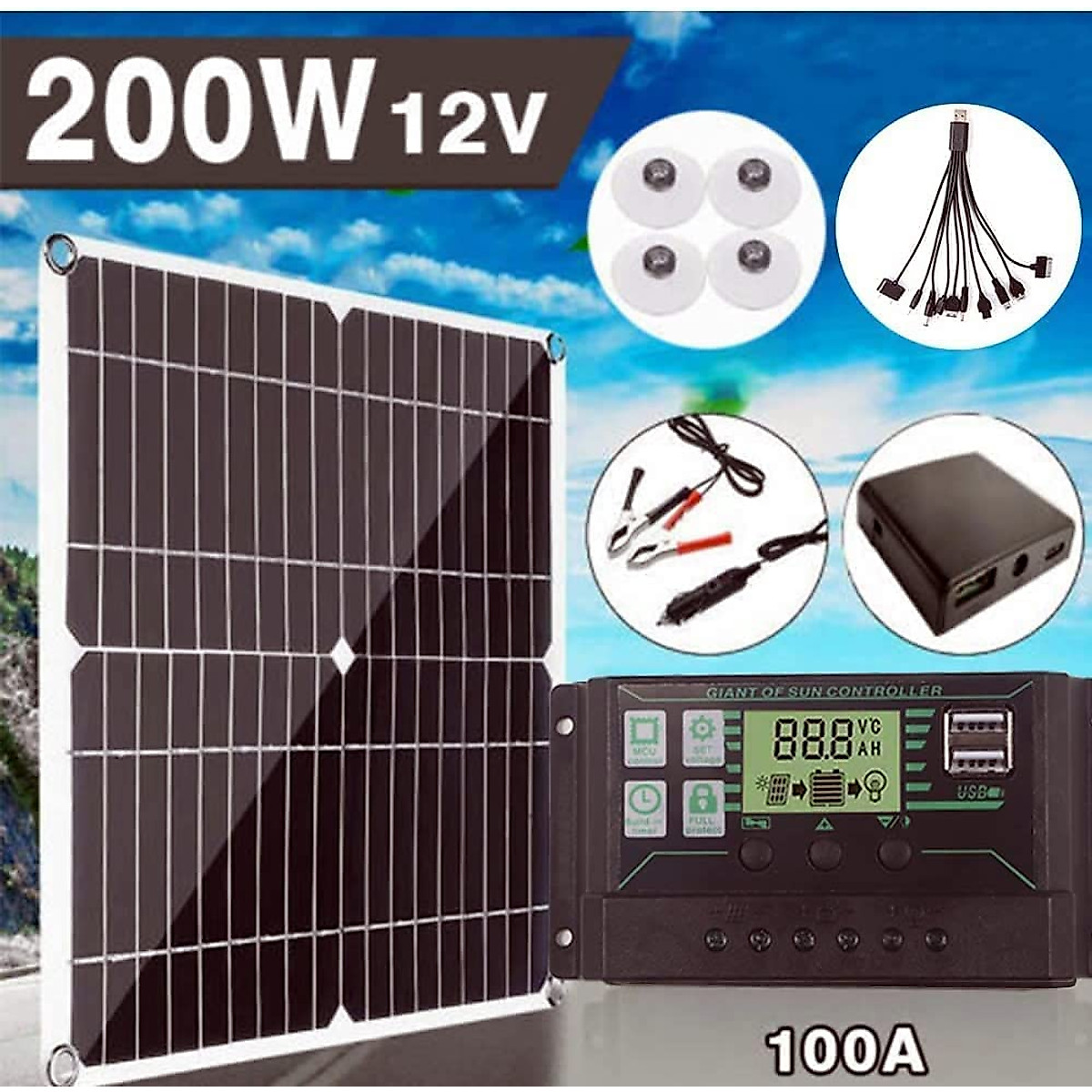 Solar Panel Battery Charger Kit 200W 12V Monocrystalline PV Module for Car RV Marine Boat Caravan Off Grid System with 10A-50A Charge Controller+Extension Cable