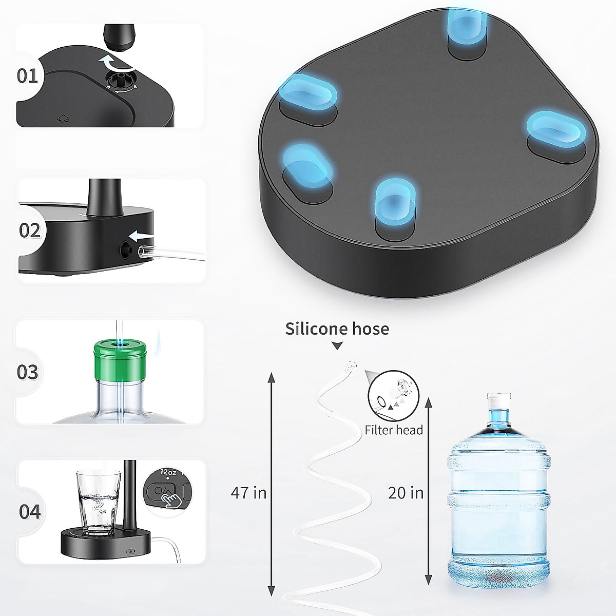 Desktop Water Bottle Dispenser, Water Pump for 5 Gallon Bottle, Bedside Water Dispenser, Portable Detachable Type-C Charging, Application Home, Office, Camping