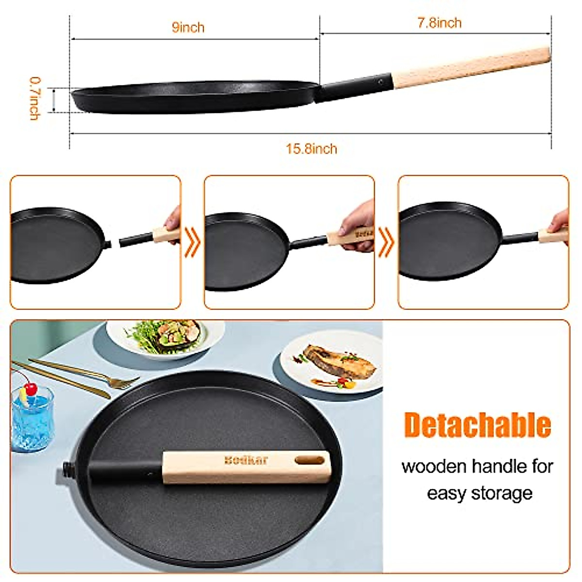 bodkar Frying Pan Skillet 8-inch Flat Crepe Pan, Lightweight Grill Pan with Wooden Handle for Camping Indoor Outdoor Cooking