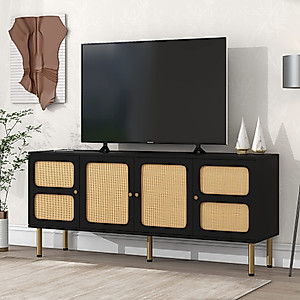 Bellemave Boho style TV Stand with Rattan Door, Woven Media Console Table for TVs Up to 70”, Country Style Design Side Board with Gold Metal Base for Living Room（Black）