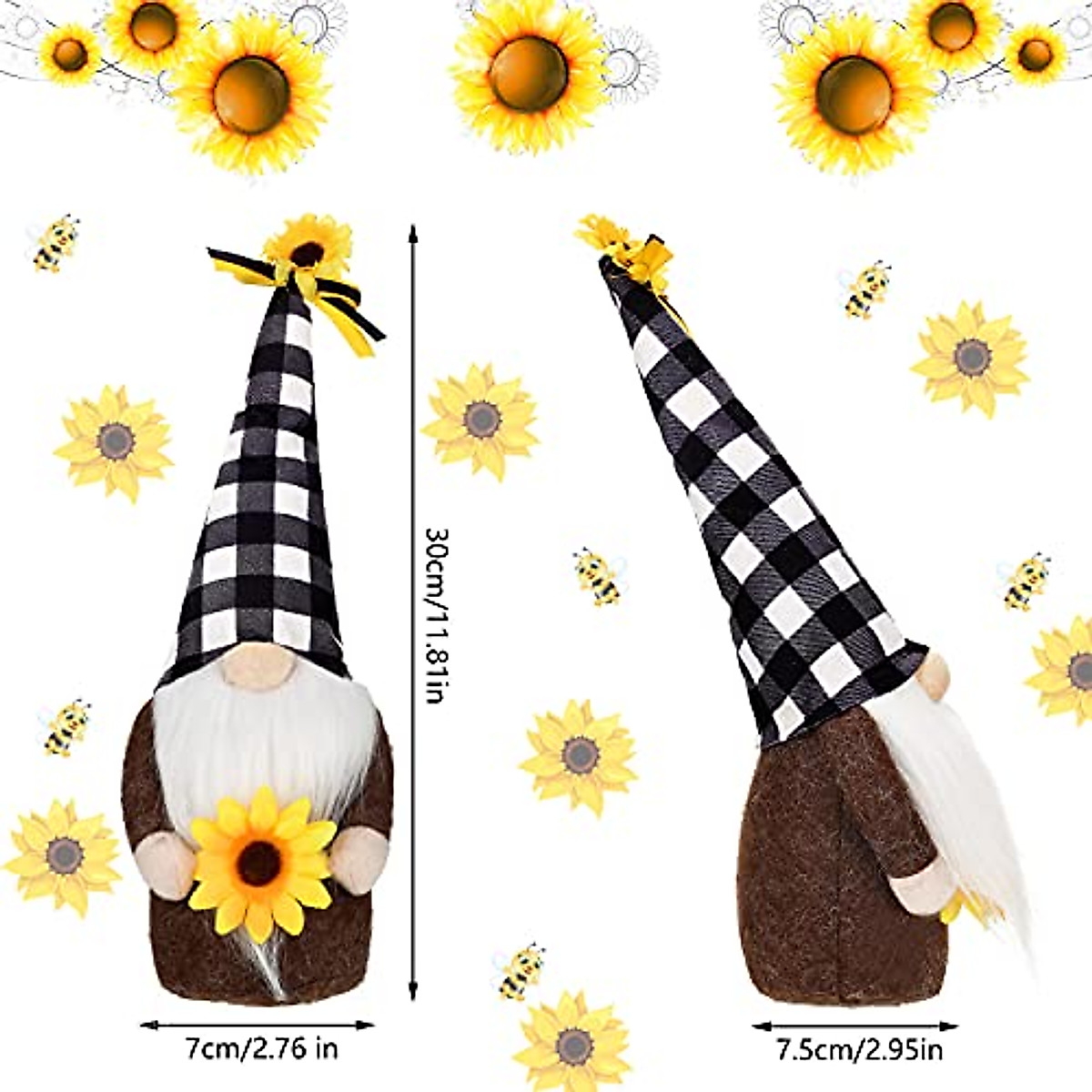 3 Pieces Summer Swedish Gnomes Decor Spring Buffalo Plaid Rustic Tiered Tray Decorations Plush Sunflower Ornaments for Home Garden Kitchen Decor