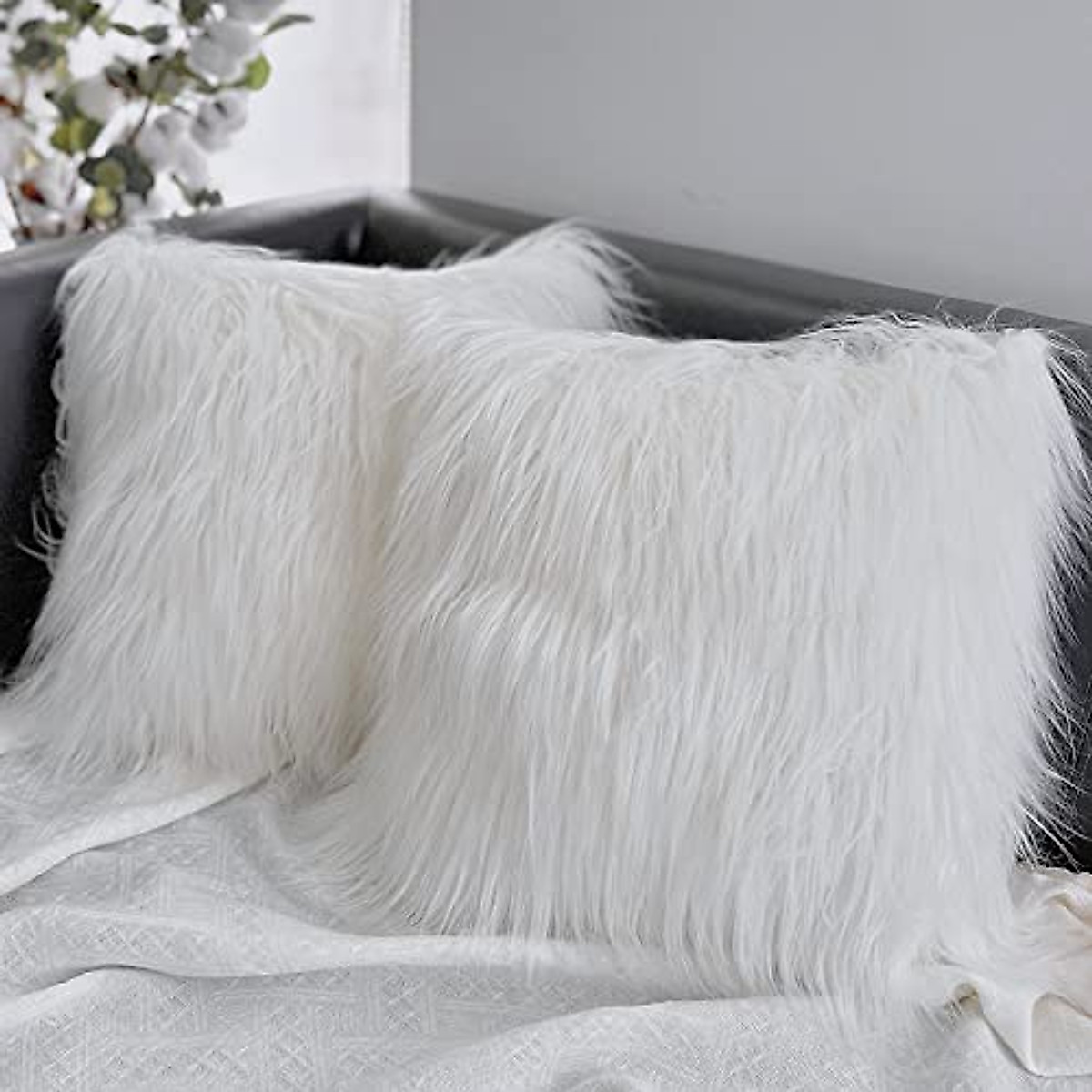 AerWo Set of 2 White Decorative Fluffy Pillow Covers, 20x20 Inch New Luxury Series Merino Style Faux Fur Throw Pillow Covers Square Fuzzy Cushion Case, Off-White