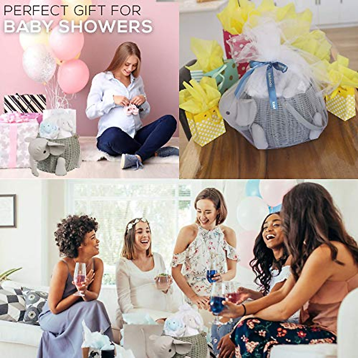 Baby Shower Gifts - New Baby Newborn Essential Gift Basket, Beautiful Elephant Theme Gift Wrapped for a boy or Girl, All in One Registry Essential Stuff for Boys or Girls, Includes Card Perfect Set