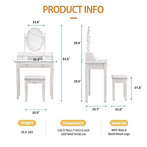 Alohappy Girls Makeup Vanity Set, Dressing Table Desk with Lighted Mirror and Stool, Makeup Table with 4 Drawers for Bedroom, Bathroom (Vanity with Lighted Mirror)