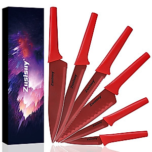 Zusisuy Red Professional Kitchen Knife Chef Set, Kitchen Knife Set Stainless Steel, Kitchen Knife Set Dishwasher Safe with Sheathes
