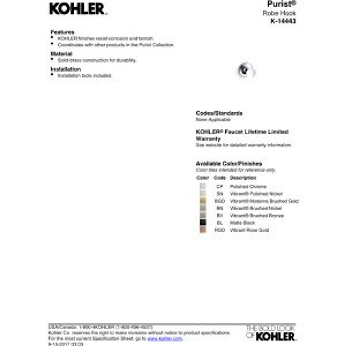 Kohler K-14443-CP Purist Robe Hook, 1-7/8"W x 1-3/4"D x 1-3/8"H, Polished Chrome