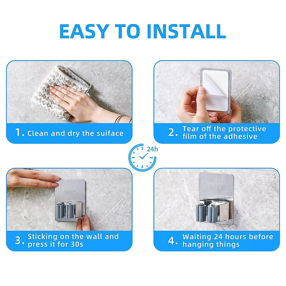 Cokshy 4 Pcs Stainless Steel Broom Holder, Heavy Duty Garden Tool Organizer Rack Rake, Square Rust Resistant Broom Holder Wall Mount for Kitchen Bathroom Closet Garden Garage - Gray