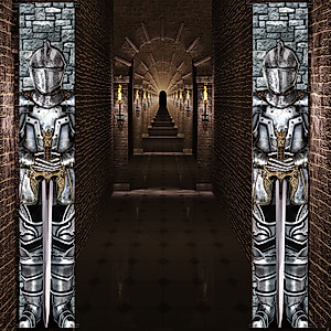 Jointed Suit of Armor Knight Banner Medieval Theme Door Sign Decorations Armor Knight Hanging Banner for Halloween Party Photo Prop Background Door Decor Supplies