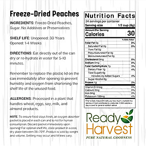 Ready Harvest Freeze Dried Peaches Freeze Dried Fruit, Freeze Dried Food Gluten Free Snacks, Fruit Snacks, Canned Food, Camping Essentials, Veggie Snacks #10 Can, 25-year shelf life 6 cans 397g