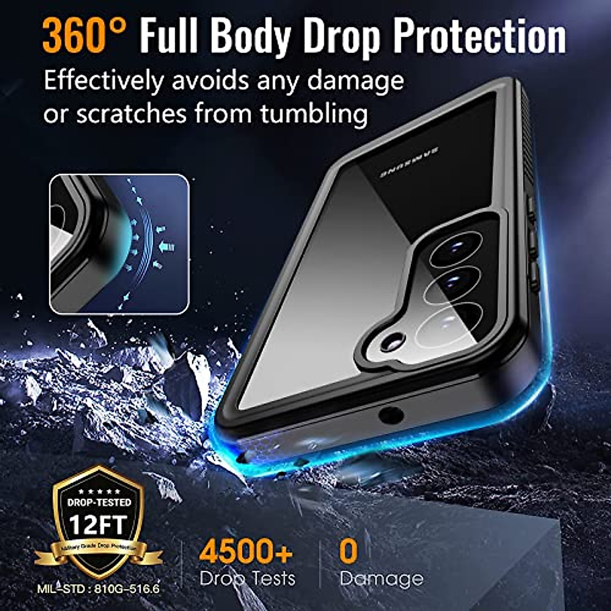 Oterkin for Samsung Galaxy S23 Case Waterproof, Galaxy S23 Case with Built-in Screen Protector [Support Fingerprint Unlock][360°Full Body Protection][12FT Military Grade] Rugged S23 Phone Case (Black)