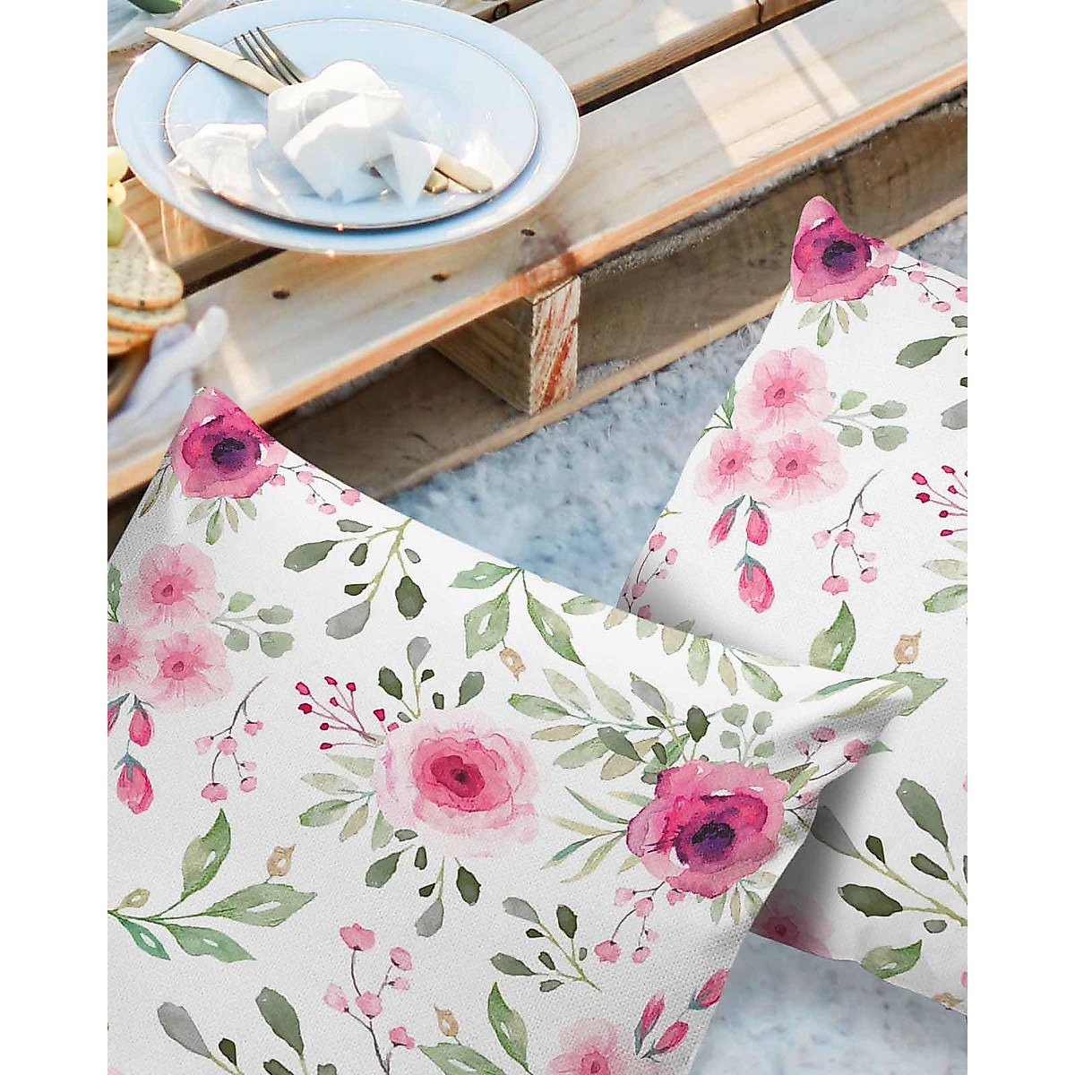 ALAGEO Outdoor Waterproof Pillow Covers for Patio Furniture Pink Flowers Decorative Throw Pillow Cover Spring Style Floral Pillowcases Set of 2 Cushion Case for Sofa Couch Chair Home Decor 18x18 inch