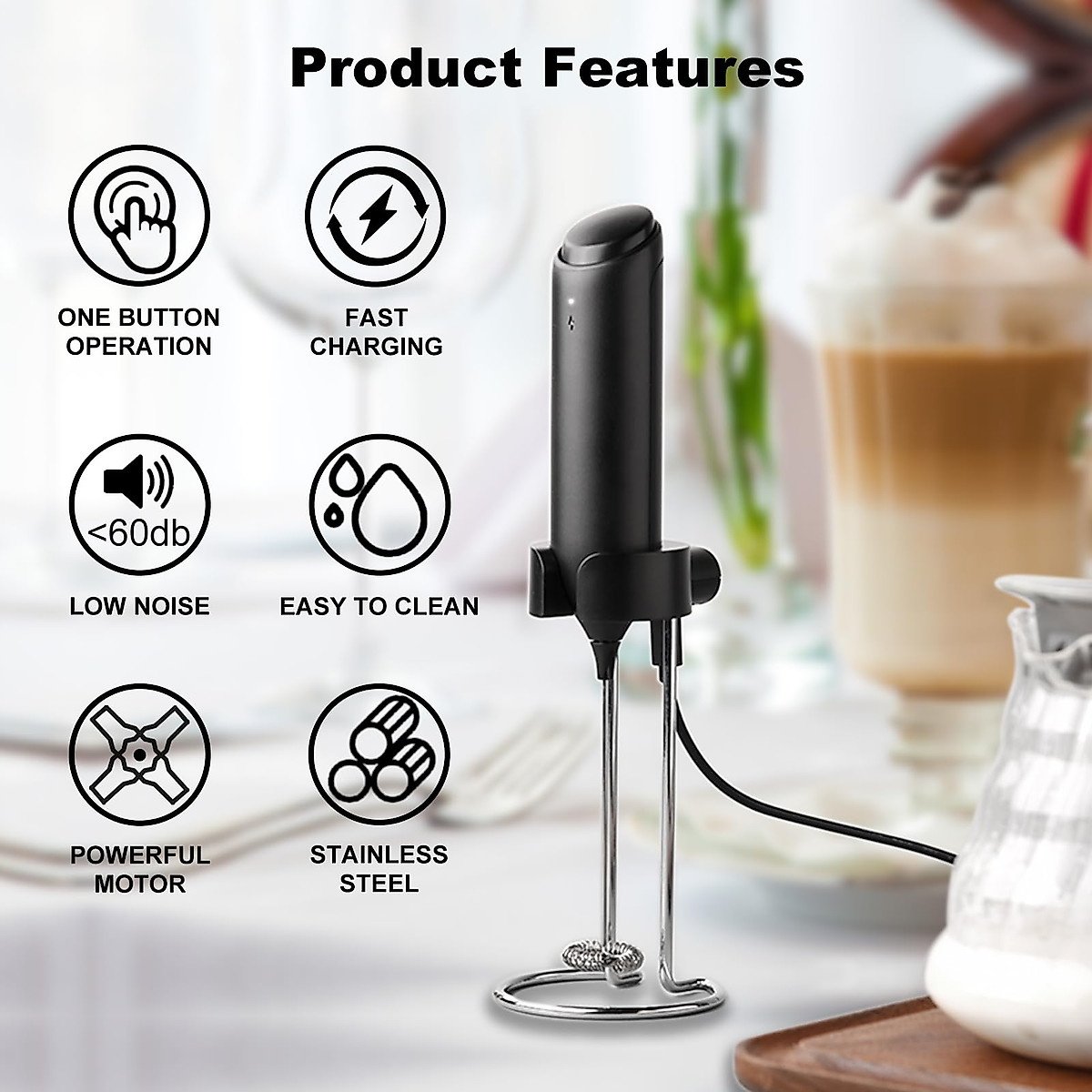 Rechargeable Milk Frother Handheld Foam Maker for Lattes - Whisk Drink Mixer for Coffee with Stand, Mini Electric Foamer for Latte, Cappuccino, Frappe, Matcha, Hot Chocolate (Stand+Black)