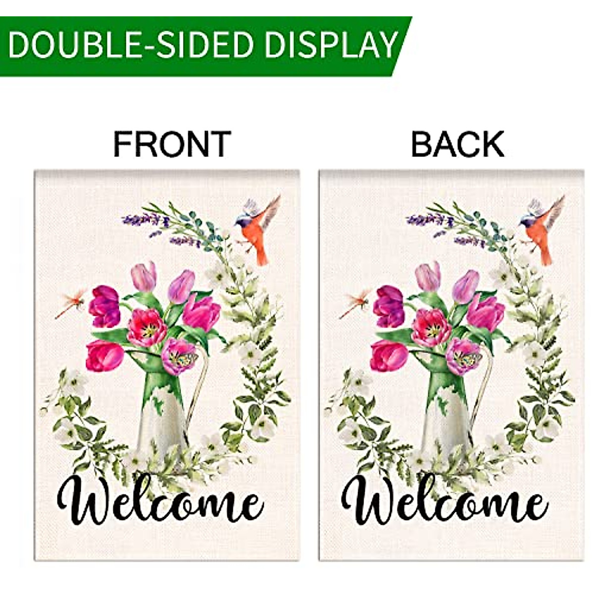 Pinknoke Spring Floral Garden Flag 12x18 Inch Small Size Vertical Double Sided, eucalyptus garland Tulip Burlap Summer Outdoor Seasonal Yard Welcome Decoration (Garden Size / 12.5 x 18 Inch)