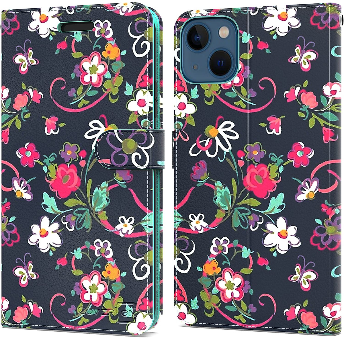 CoverON Pouch Compitable with iPhone 14 Wallet Case for Women, RFID Blocking Flip Folio Stand Vegan Leather Floral Cover Sleeve Card Slot for Apple iPhone 14 6.1 Phone Case - Flower