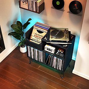 TC-HOMENY Record Player Stand with Vibration-Isolated Turntable Design, Vinyl Record Storage Table with Charging Station, Mid-Century Modern Turntable Stand (Black)