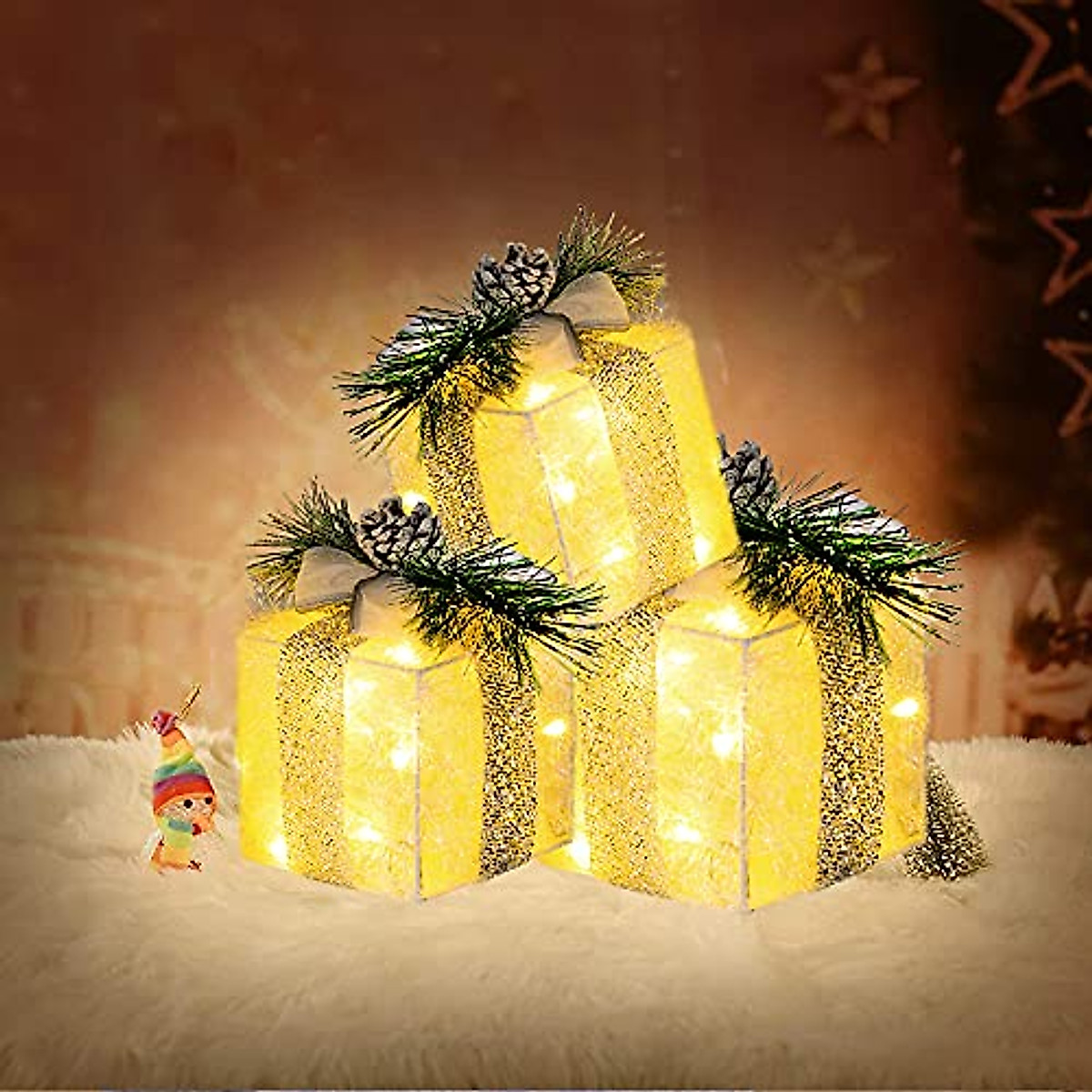 Hourleey Set of 3 Christmas Lighted Gift Boxes, Pre-lit 60 LED Light Up Present Boxes Ornament Outdoor Warm White Tinsel Boxes Decoration for Indoor Christmas Home Yard Lawn Decor