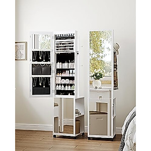 Hzuaneri 8 LEDs Jewelry Cabinet Armoire, 64.8-inch Jewelry Organizer with 1 Garment Rack, Lockable Full-length Mirror with 4 Wheels, Storage Shelves with Hooks, 5-in-1 Multifunctional, White JC17003B