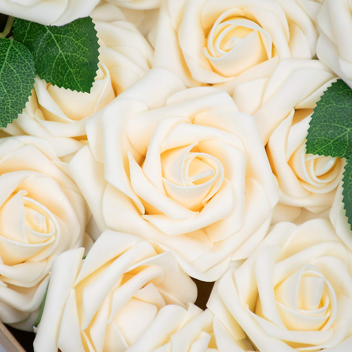 Foraineam 50pcs Artificial Roses Flower Real Looking Foam Rose Fake Flowers with Stem & Leaves for DIY Wedding Bouquets Centerpieces Party Home Decorations (Cream)