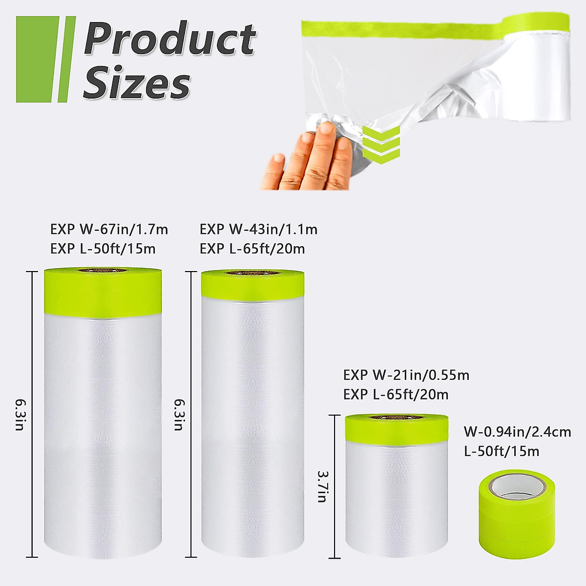 Yudahgan Pre-Taped Masking Film- Assorted Size Tape and Drape Painters Plastic Rolls, Plastic Painting Film for Automotive Painting Covering（Masking Film:6rolls,Tape:3rolls）