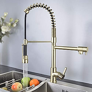 SHAMANDA Commercial Pre-Rinse Kitchen Faucet, High Arc Kitchen Sink Faucet with Pull Down Spring Spout and Pot Filler, Brushed Gold, L40001-3