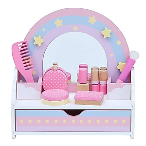 Teamson Kids Little Dreamer Wooden Rainbow Play Tabletop Vanity with Mirror and Drawer Plus 8 Pretend Cosmetic Makeup Accessories, Pink, includes Small Parts
