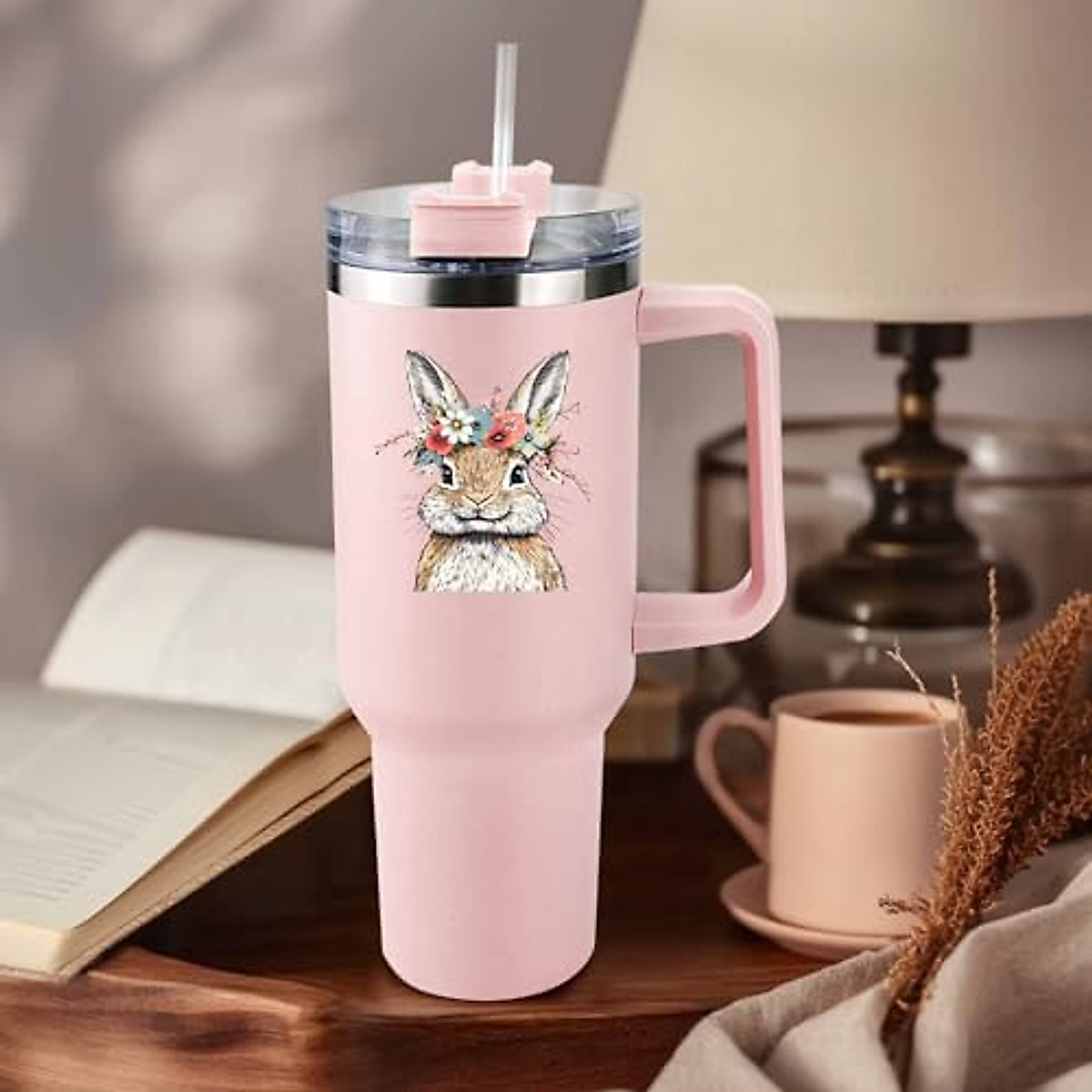 LB LEOBON 40 ounce insulated cup with handle, double-layer vacuum stainless steel material, equipped with straw, can keep warm or maintain cold drinks Easter Rabbit H Light pink