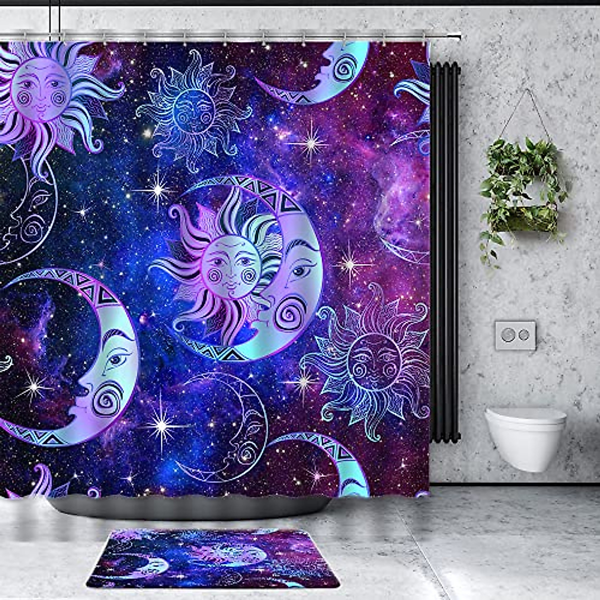 VPUPCN 2 Pcs Sun Moon Shower Curtain Sets with Bath Mat,Purple Blue Burning Sun Stars Abstract Mandala Celestial Fantasy Galaxy Boho 70"x 70" Bathroom Curtain with 12 Hooks and 29.5"x 17.8" Bath Rugs