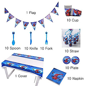 LOVSONG 72 PCS Spider Party Supplies Set Birthday Party Supplies Set Spider Table Cover Set - Serves 10 - Banner Flag , Spider Table Cover, Plates, Spider Cups, Napkins, Fork, Spoon, Knife, Straw