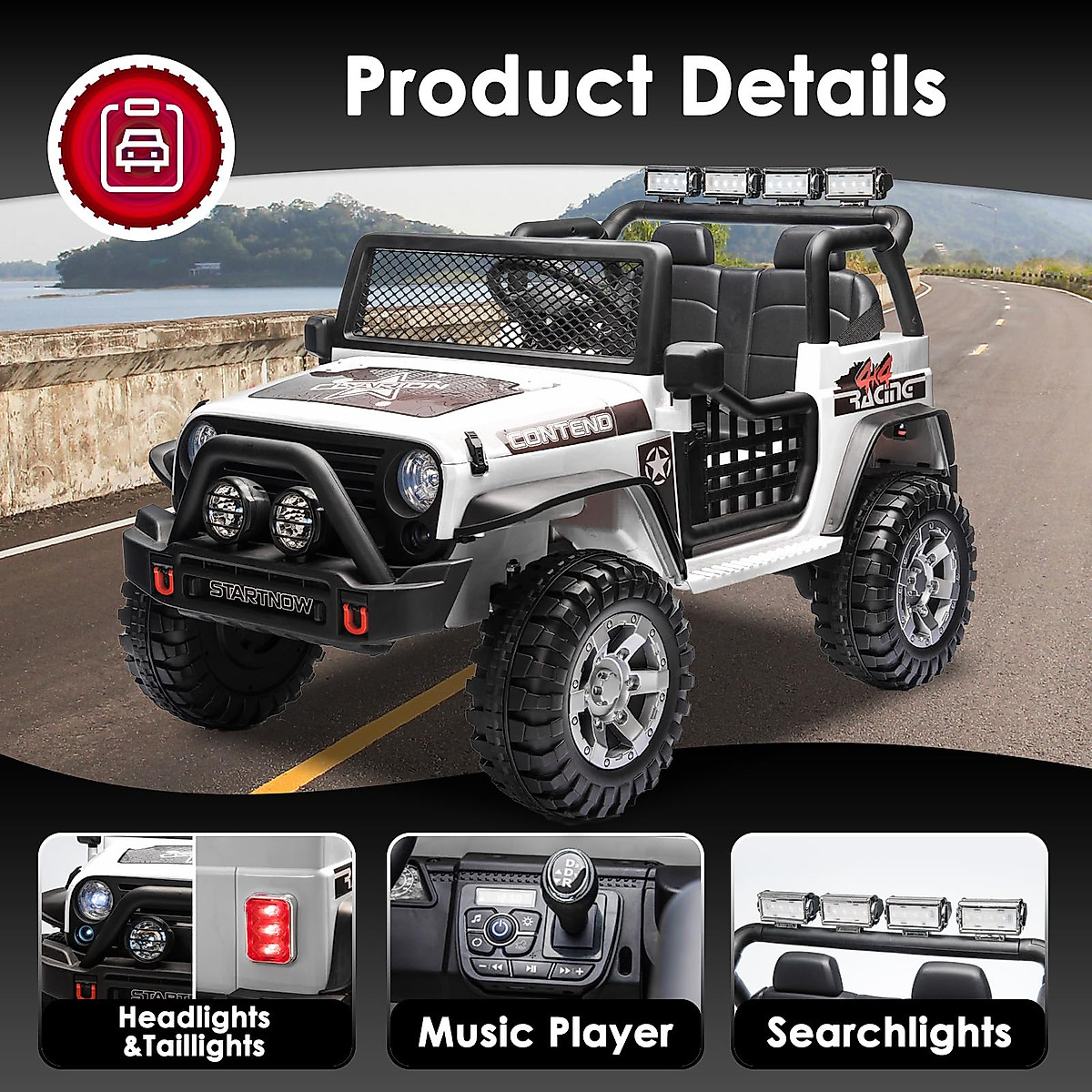 Sopbost 2-Seater Ride on Truck 12V Ride On Toys, Ride On Car with Remote Control Off-Road Battery Powered Electric Car for Kids with 2+1 Gear Shift, Spring Suspension, LED Headlights (White)