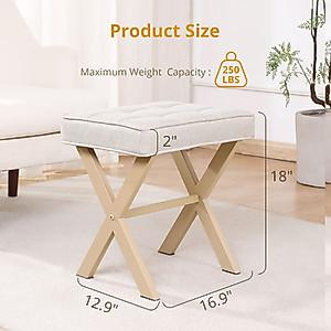 LUE BONA Vanity Stool, Square Linen Makeup Stool with Metal X Legs, Small Ottoman Stool Chair for Vanity, Modern Padded Vanity Seat Foot Rest Stool for Makeup Room, Bathroom, Linen Color