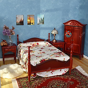 iLAND Wooden Dollhouse Furniture 1/12 Scale, Dollhouse Bedroom Furniture in Mahogany Color incl Dollhouse Bed & Dressing Table & Wardrobe (Classical Miniature Furniture 6pcs)