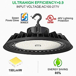 BFT UFO LED High Bay Light 150W 22500LM 0-10V Dimmable 5000K,600W HID/HPS Replacement,5' Cable with Plug,UL Certified Driver IP65 Hanging Hook,Shop Lights for Warehouse Garage Gym,Workshop